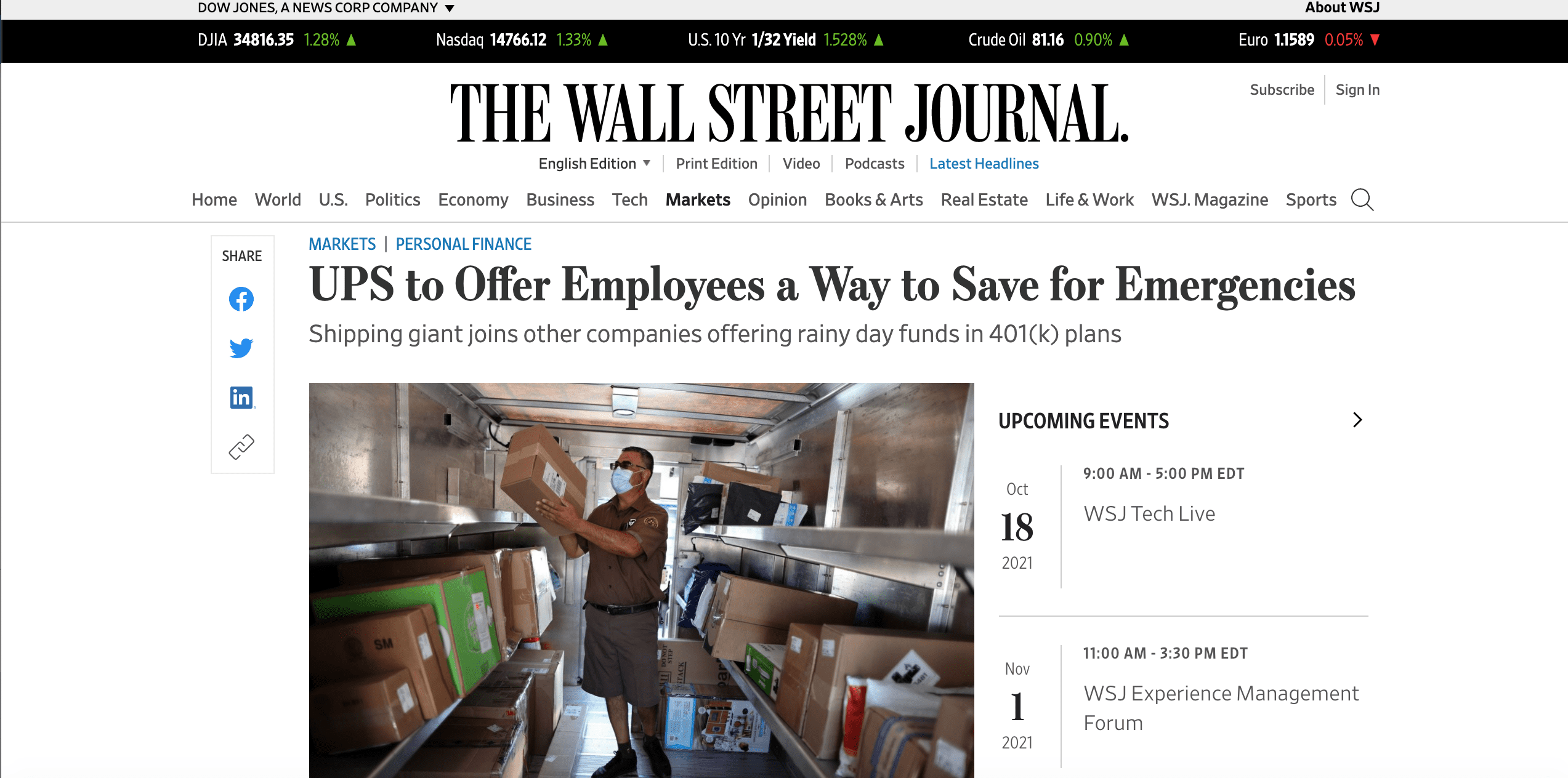 Wall Street Journal: UPS to Offer Employees a Way to Save for ...